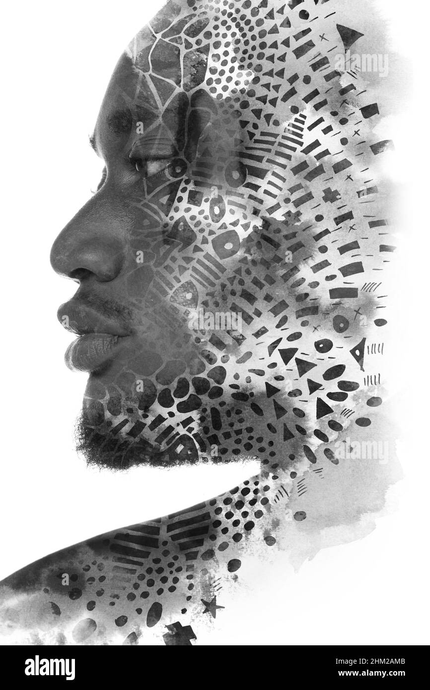 A black and white portrait of a man combined with abstract shapes ...