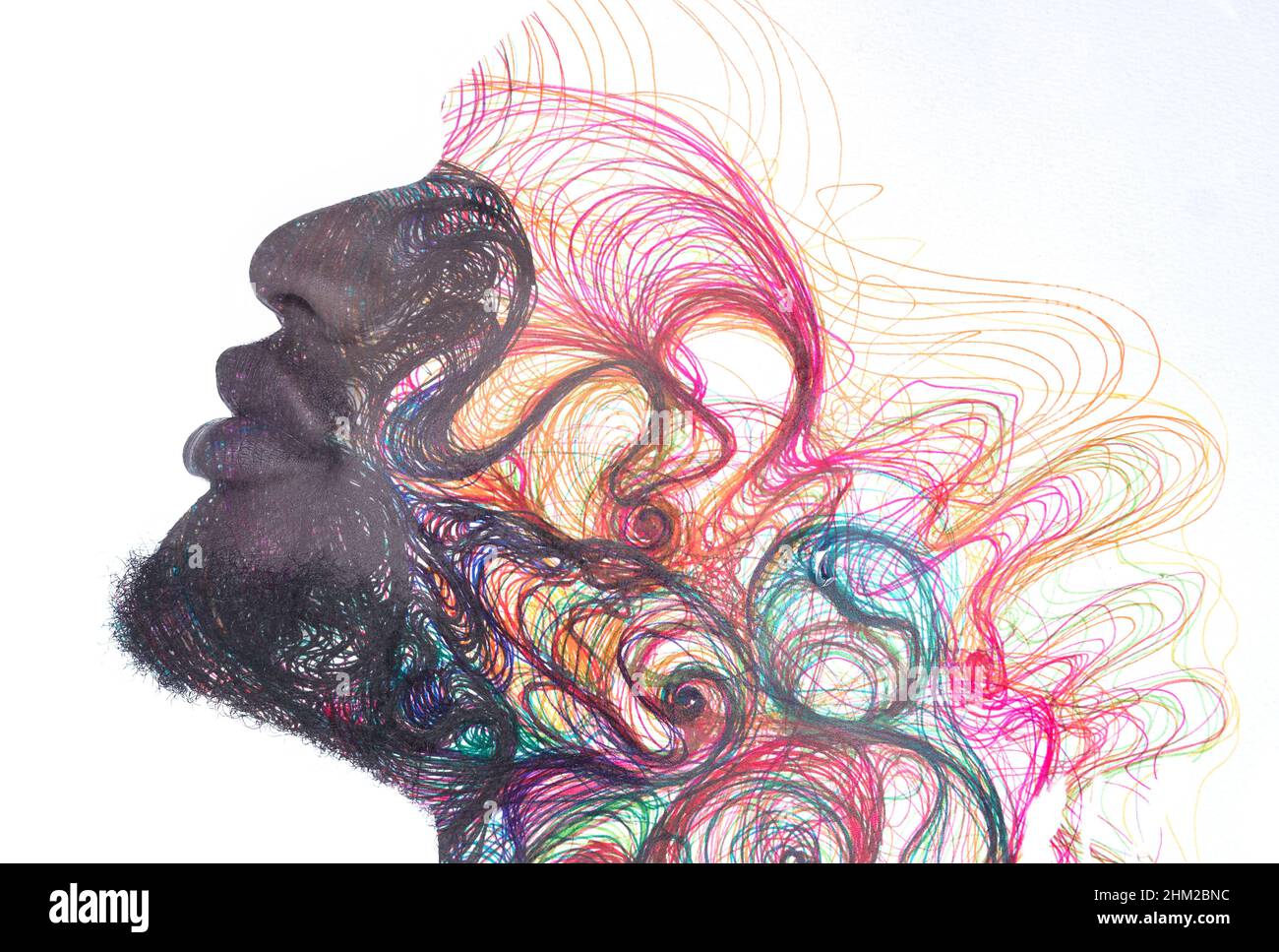 A portrait of a man dissolving into wavy lines a double exposure ...