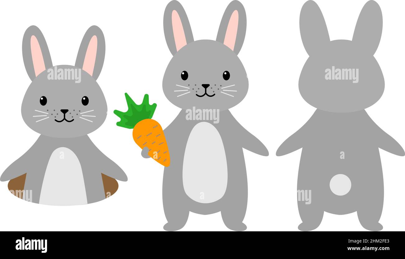 Rabbits cute cartoon set. Bunnies climbed into the hole, the back side ...
