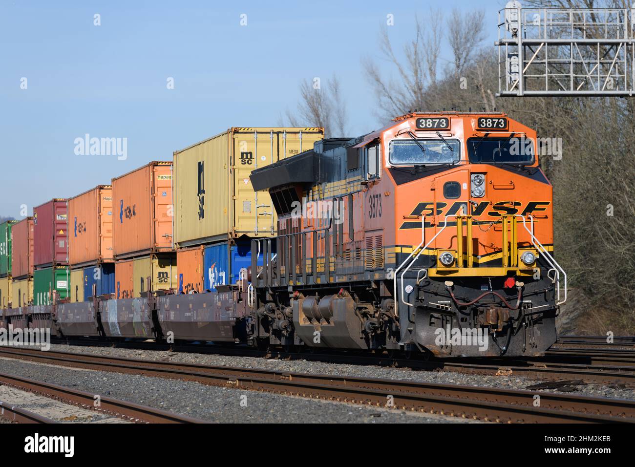 Seattle - February 06, 2022; BNSF freight train in Seattle with a shipment of intermodal ...