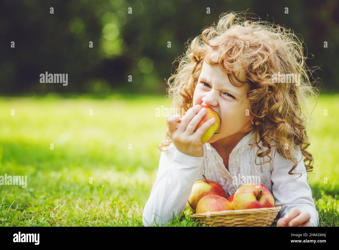Little girl is eating apple in summer park Stock Photo - Alamy