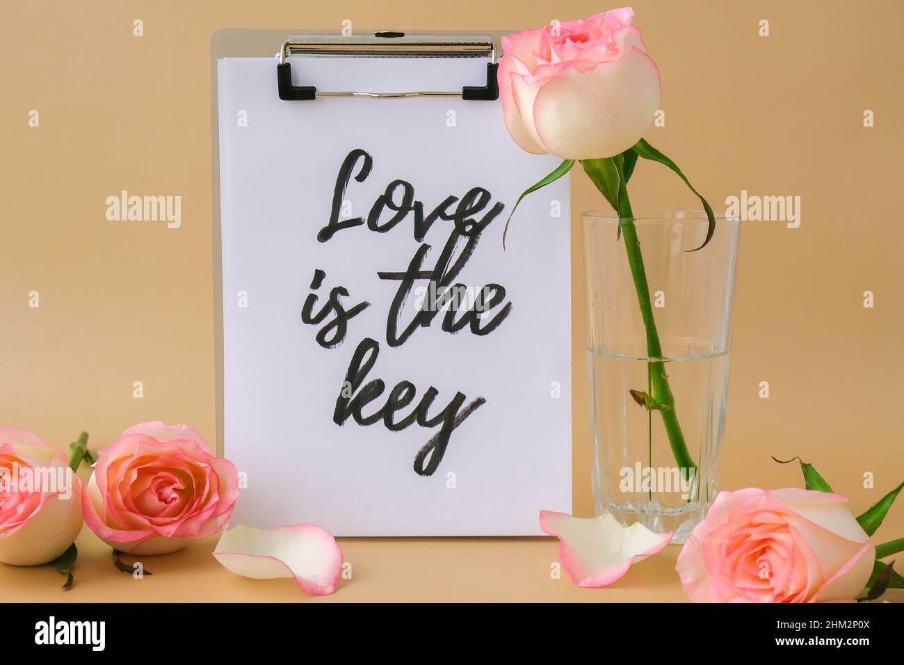 LOVE IS THE KEY text on greeting card paper note. Delicate pink roses ...