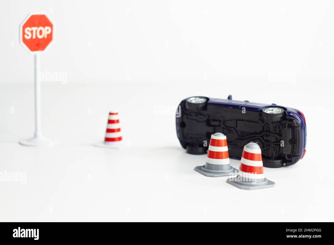 Crash. Signs and cones on the road. Guardrail on the roadway. Driving ...