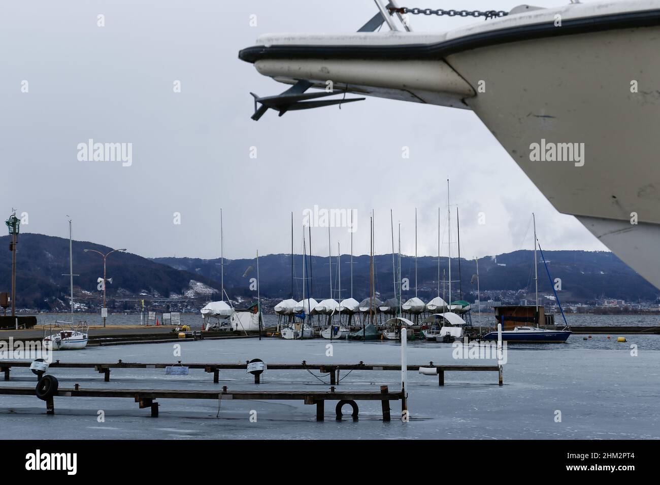 suwa, nagano, japan, 2022/06/02 , View of the frozen Lake Suwa (Suwa-ko ...
