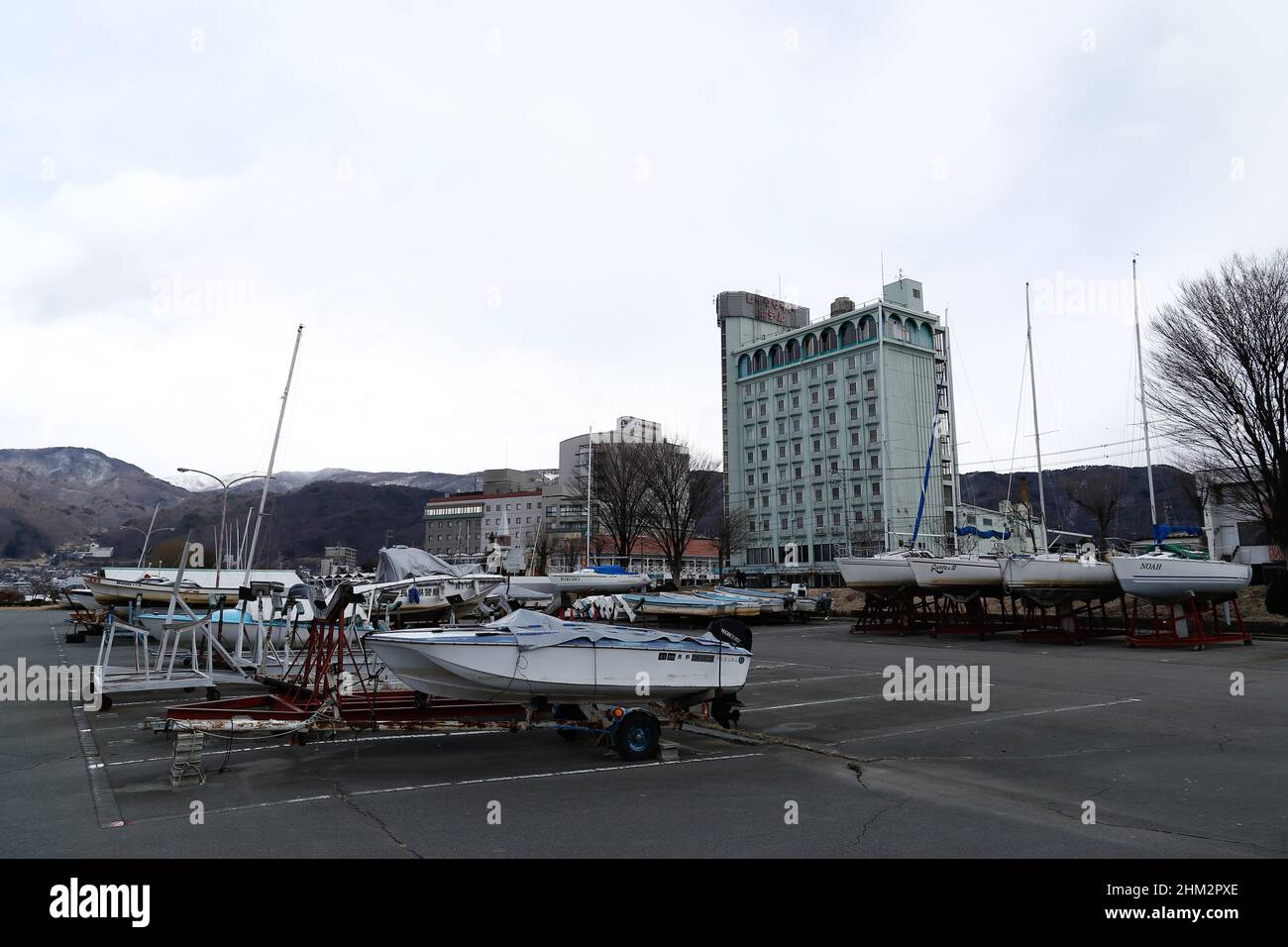 suwa, nagano, japan, 2022/06/02 , Yachtes at the Lake Suwa Yacht Harbor ...