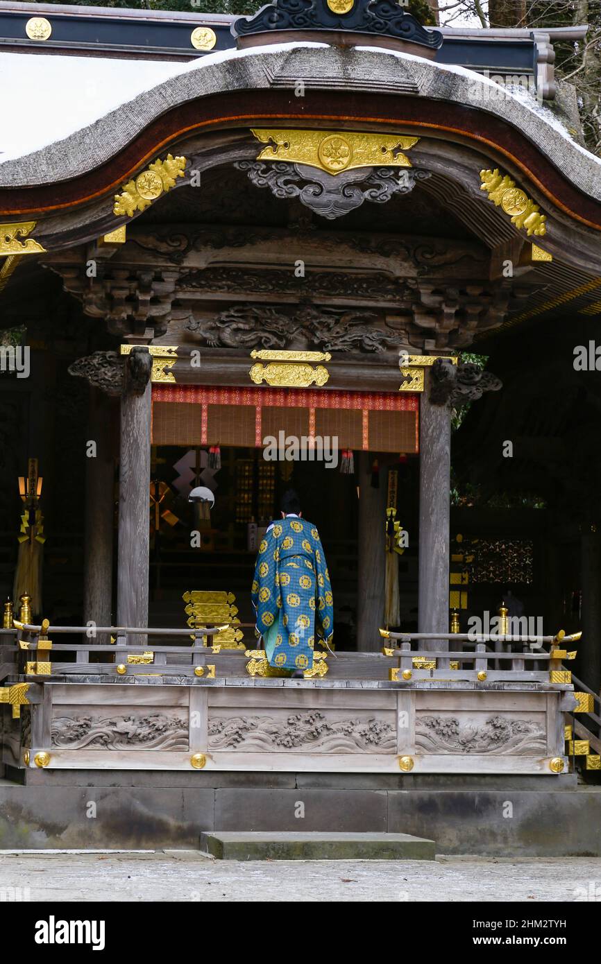 suwa, nagano, japan, 2022/06/02 , Shinto priest at Suwa Grand Shrine ...