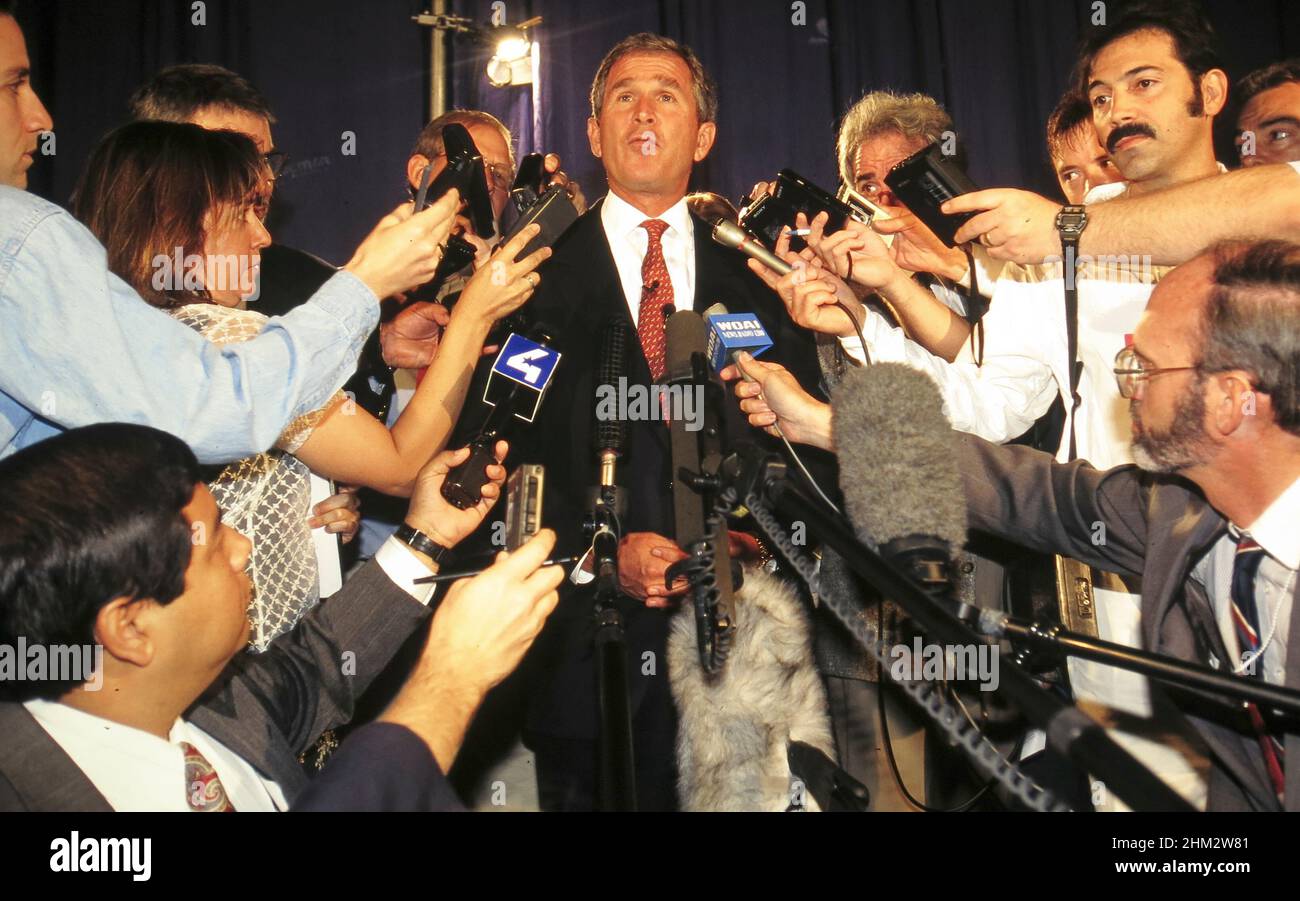 Texas Gov. George W. Bush talks to reporters at Republican convention ...