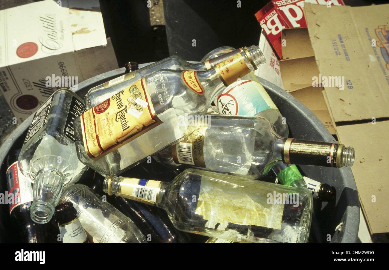 Austin Texas USA: Liquor bottles in plastic bin behind restaurant ready ...
