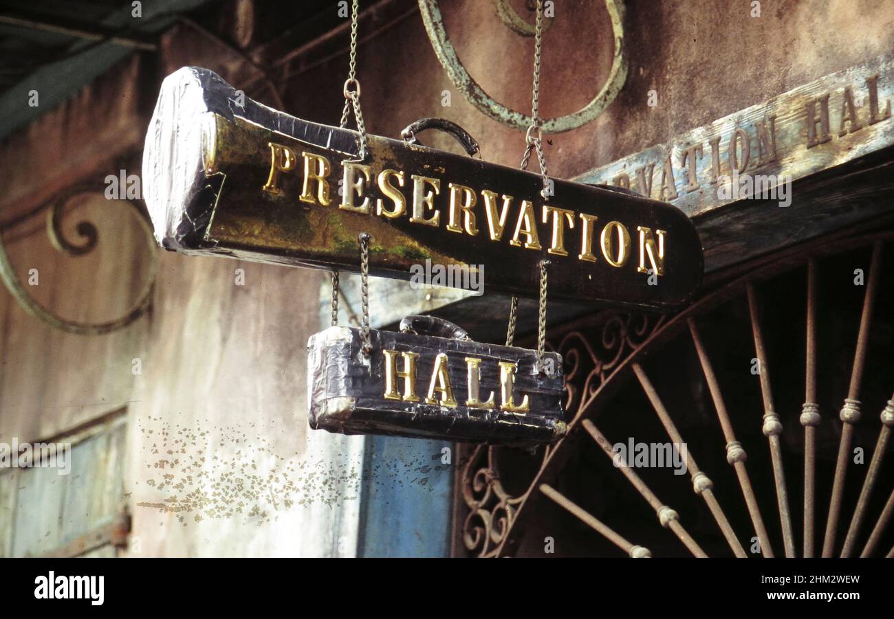 New Orleans Louisiana, 1988: Sign at entrance to New Orleans landmark Preservation Hall where ...