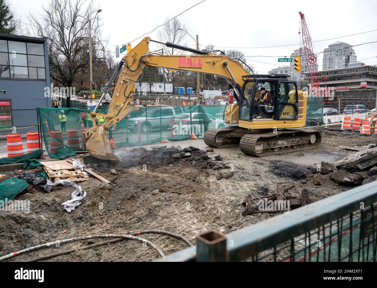 Construction on the Broadway Line subway extension on Broadway Street ...