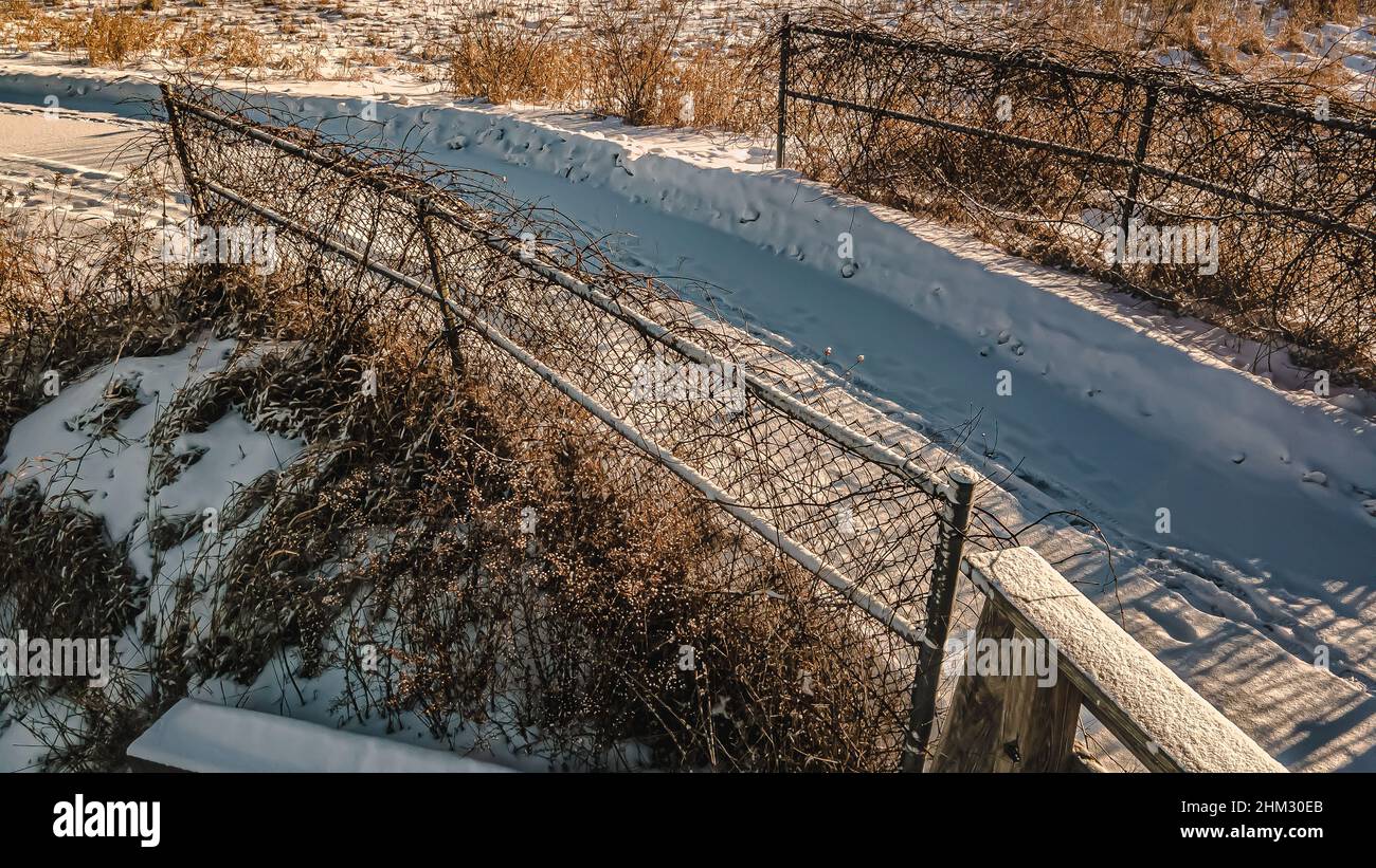 Public walking path in winter with snow and tracks. Sun sets over the ...