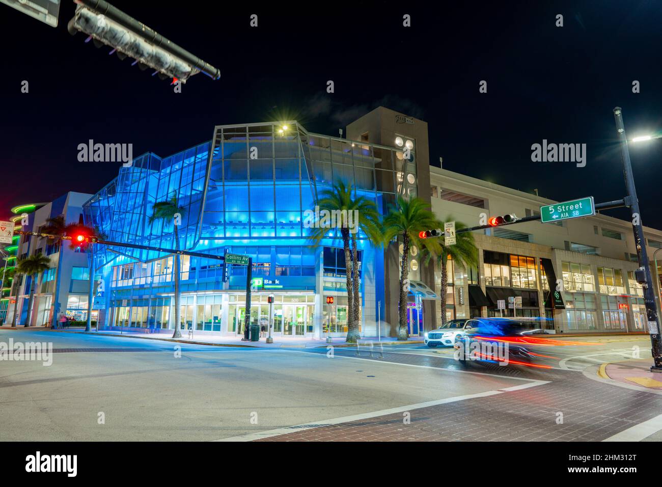 Miami Beach, FL, USA - February 2, 2022: Night photo of neon blue ...