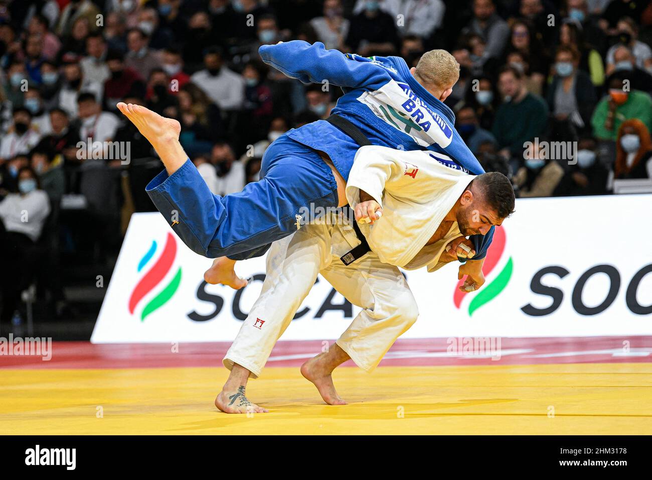 Men's -100 kg, Peter Paltchik of Israel (white) competes during the ...
