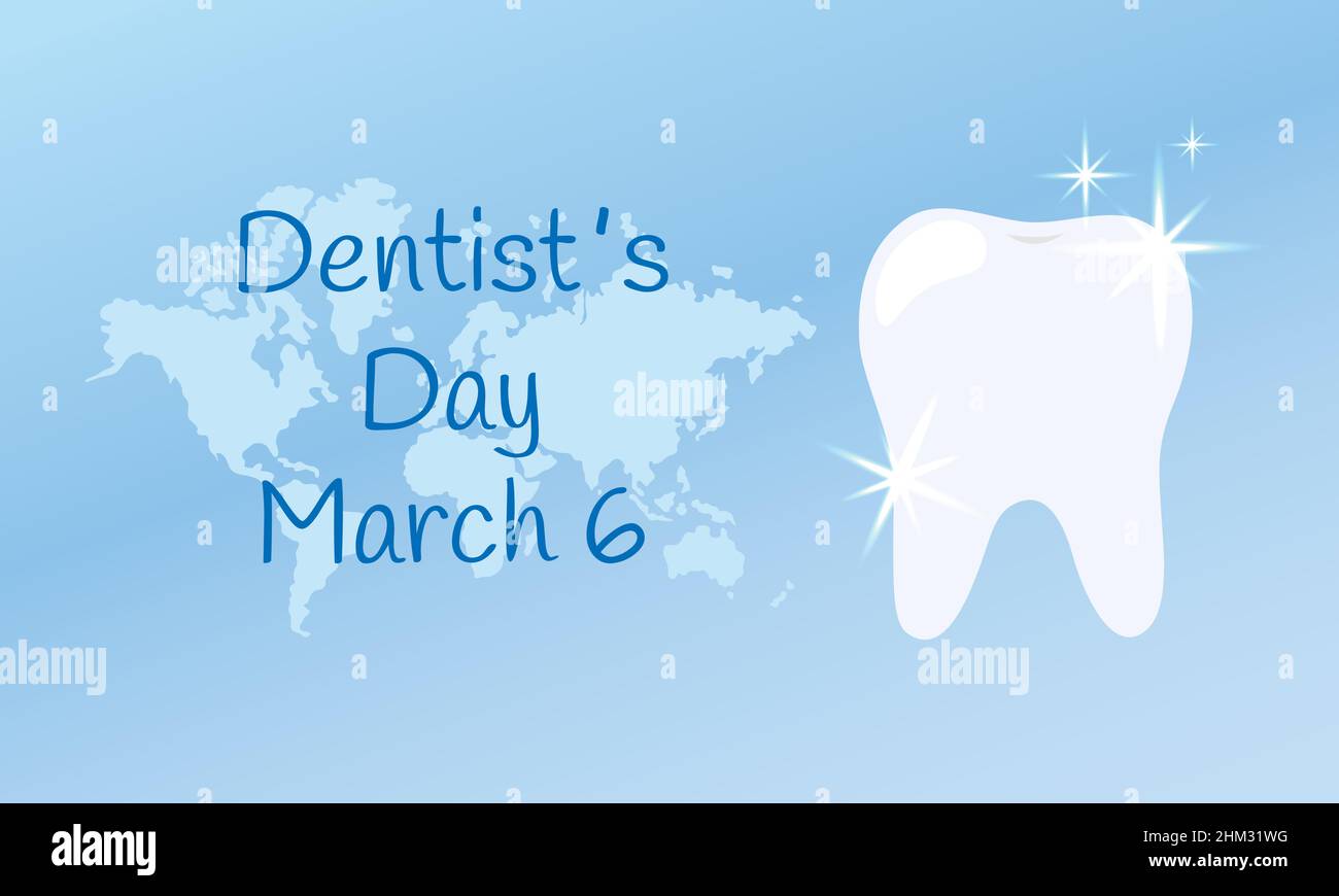 International Dentist day March 6. Professional holiday of stomatologist. Shiny white tooth and ...