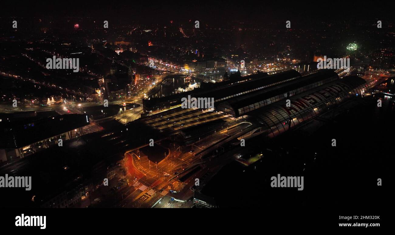 New years eve in Amsterdam, The Netherlands, fireworks at night aerial ...