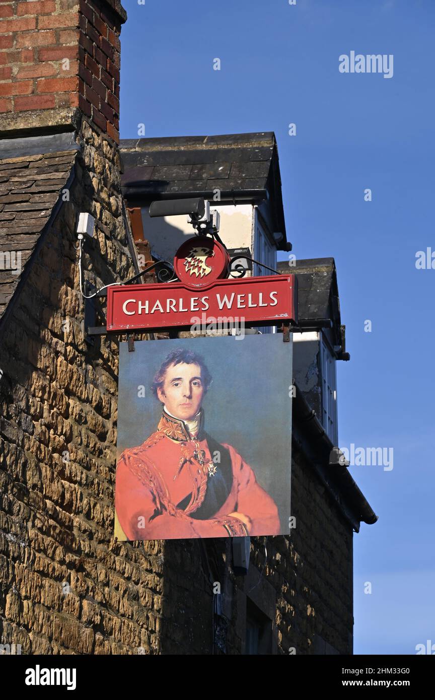 Duke of Wellington public house sign in the Cotswold village of Bourton ...
