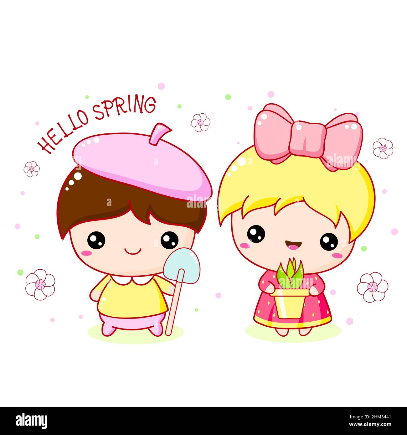 Cute little girl and boy planting plant. Inscription Hello spring ...