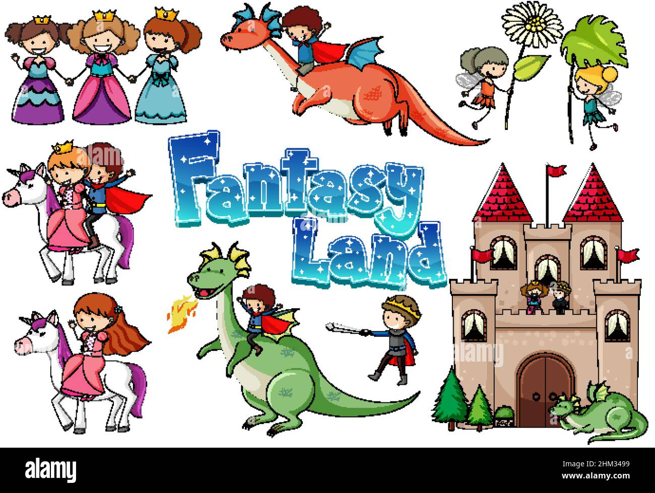 Set of dragon and fairy tale cartoon characters illustration Stock ...