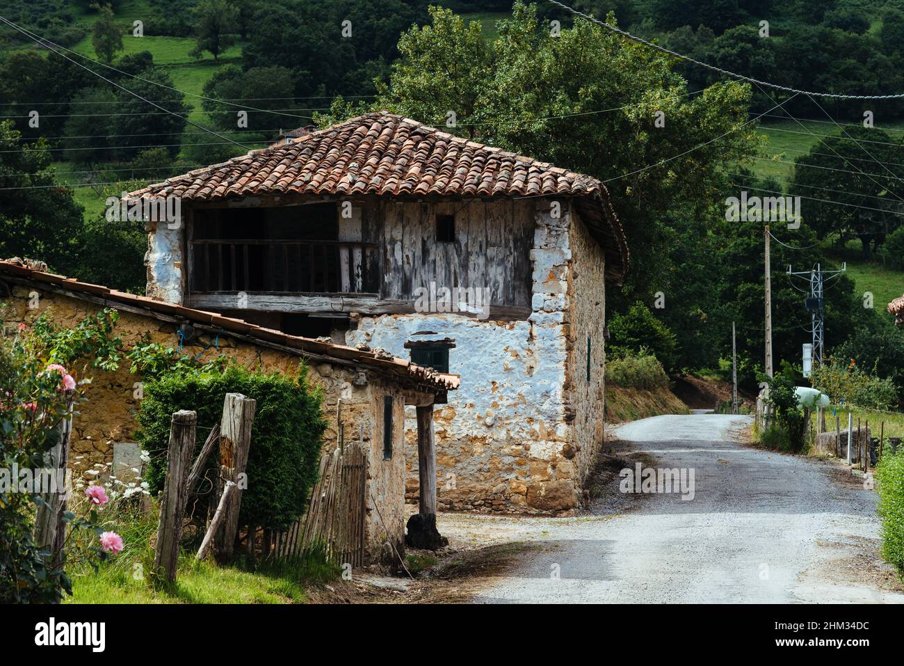 Traditional farm buildings in the valley in Asturias, Spain Stock Photo ...