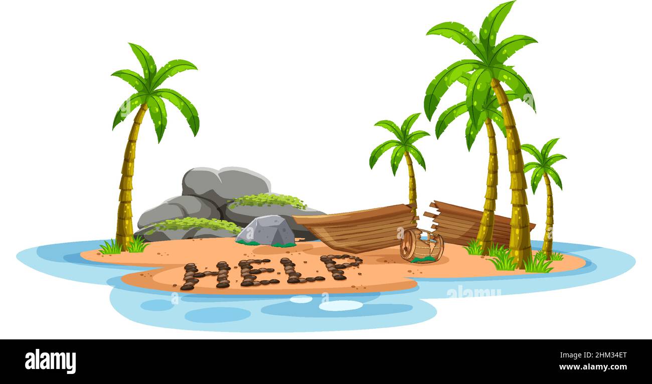 Deserted island with broken boat lying on the beach with help sign ...