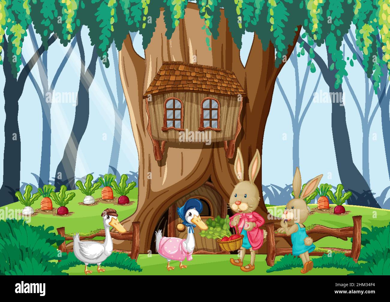 Rabbit family lives in enchanted forest illustration Stock Vector Image ...
