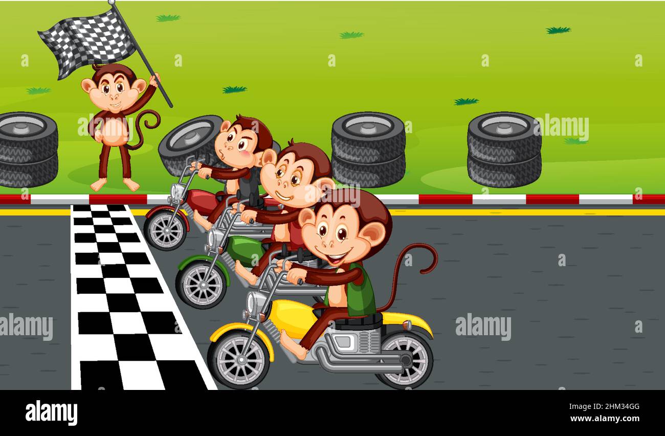 Race track scene with monkeys riding motorcycles illustration Stock ...