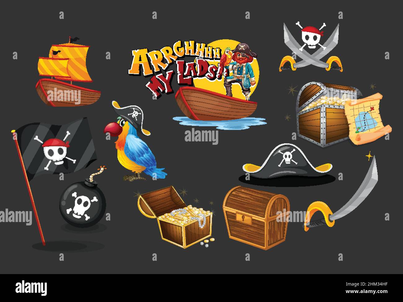 Set of pirate cartoon characters and objects illustration Stock Vector ...