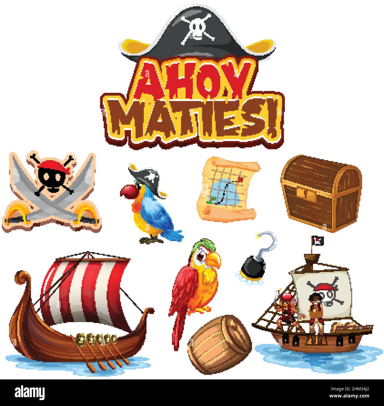 Set of pirate cartoon characters and objects illustration Stock Vector ...