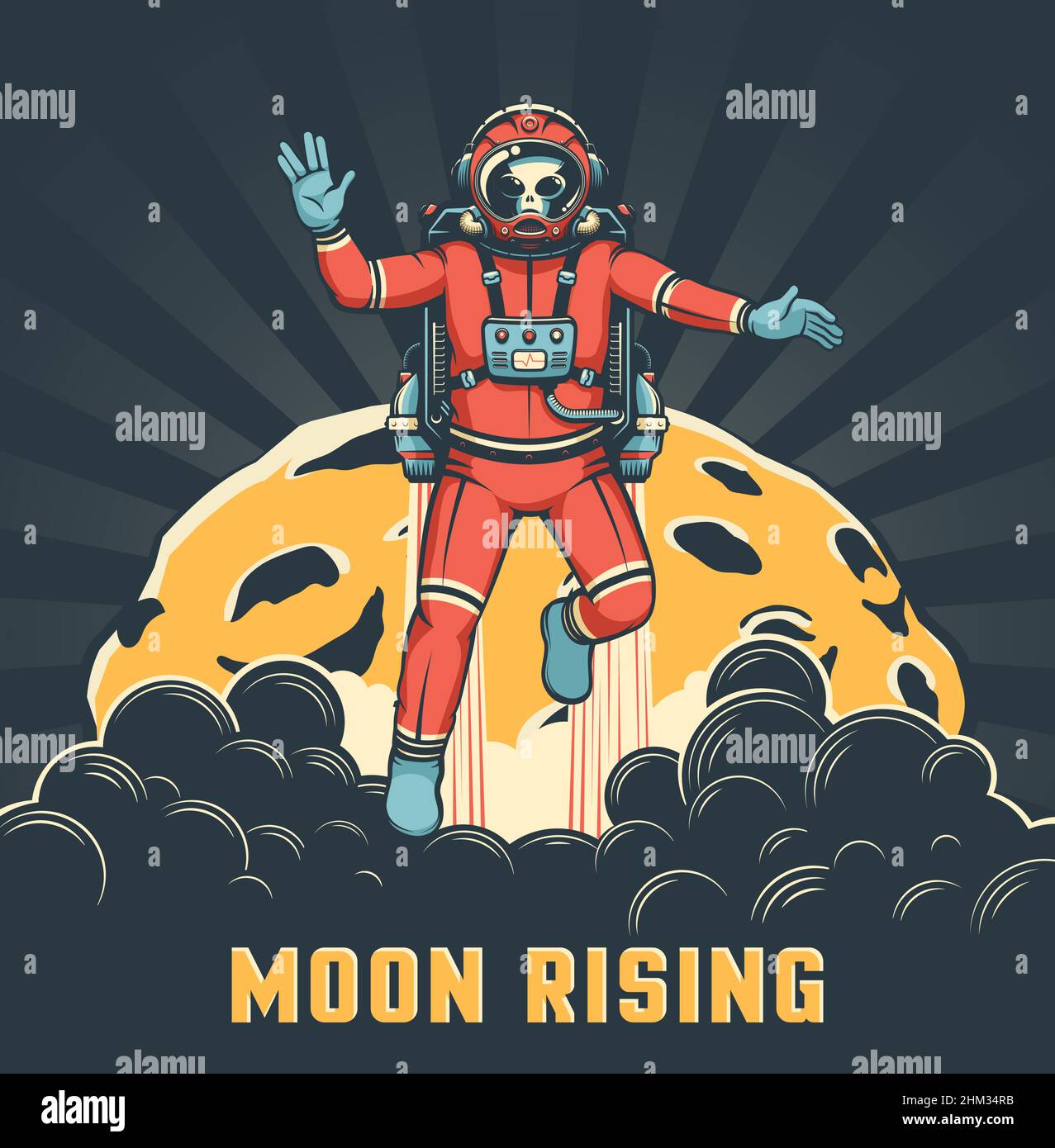 Alien astronaut with jetpack flies around the moon Stock Vector Image ...