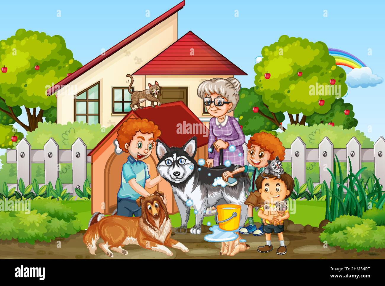 Outdoor scene with children and their dogs illustration Stock Vector ...