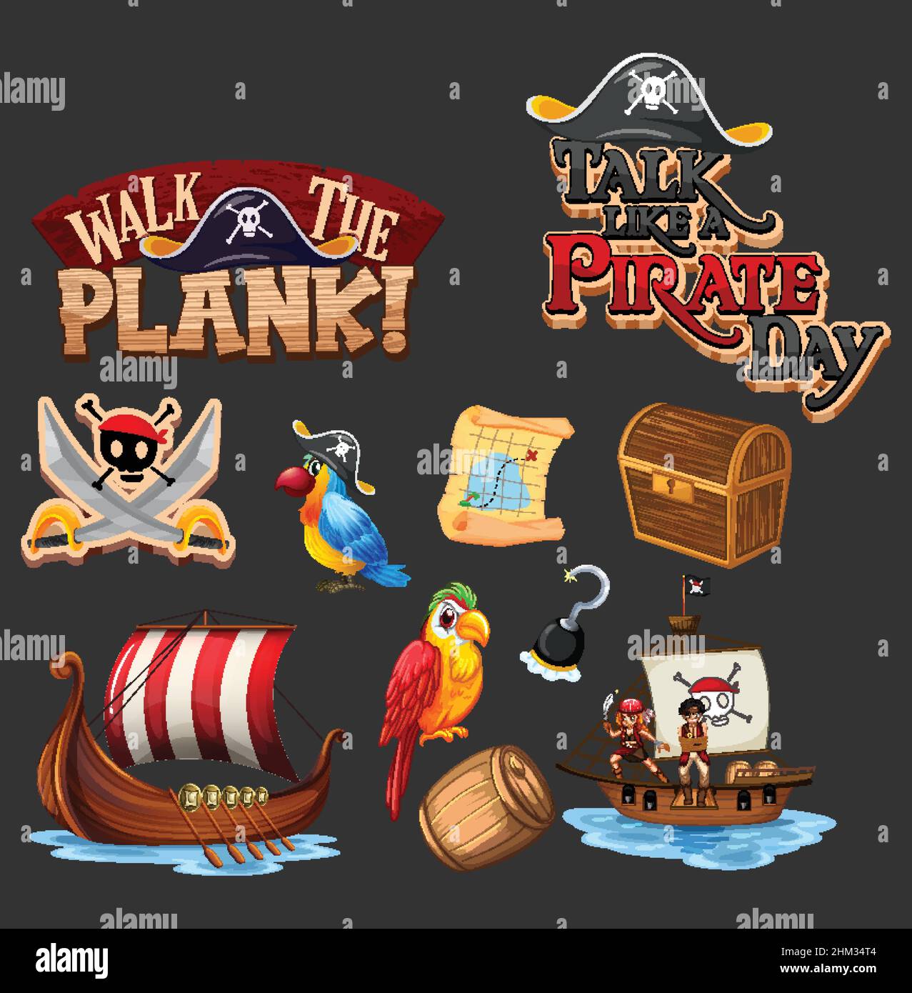 Set of pirate cartoon characters and objects illustration Stock Vector ...