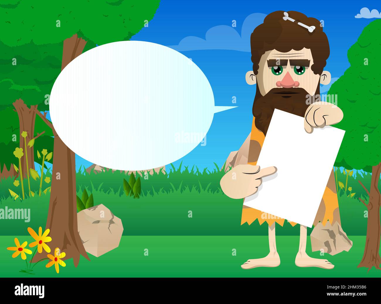 Cartoon prehistoric man holding white paper and pointing at it. Vector ...