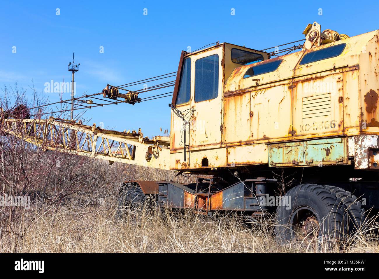Old rusty construction crane. The crisis in Ukraine, the fall of the ...