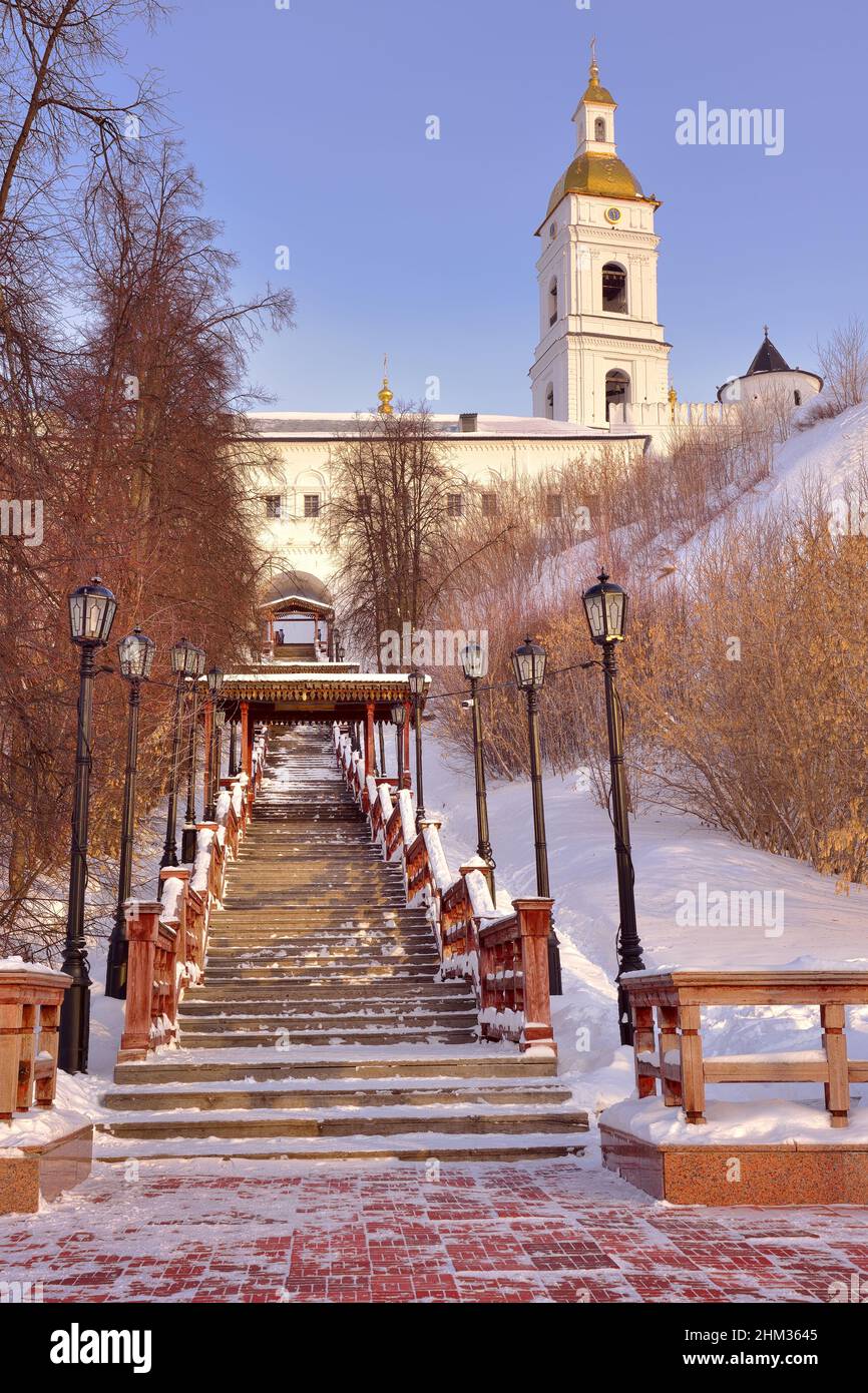 Tobolsk Kremlin in winter. A staircase from the Lower Town leads to a ...