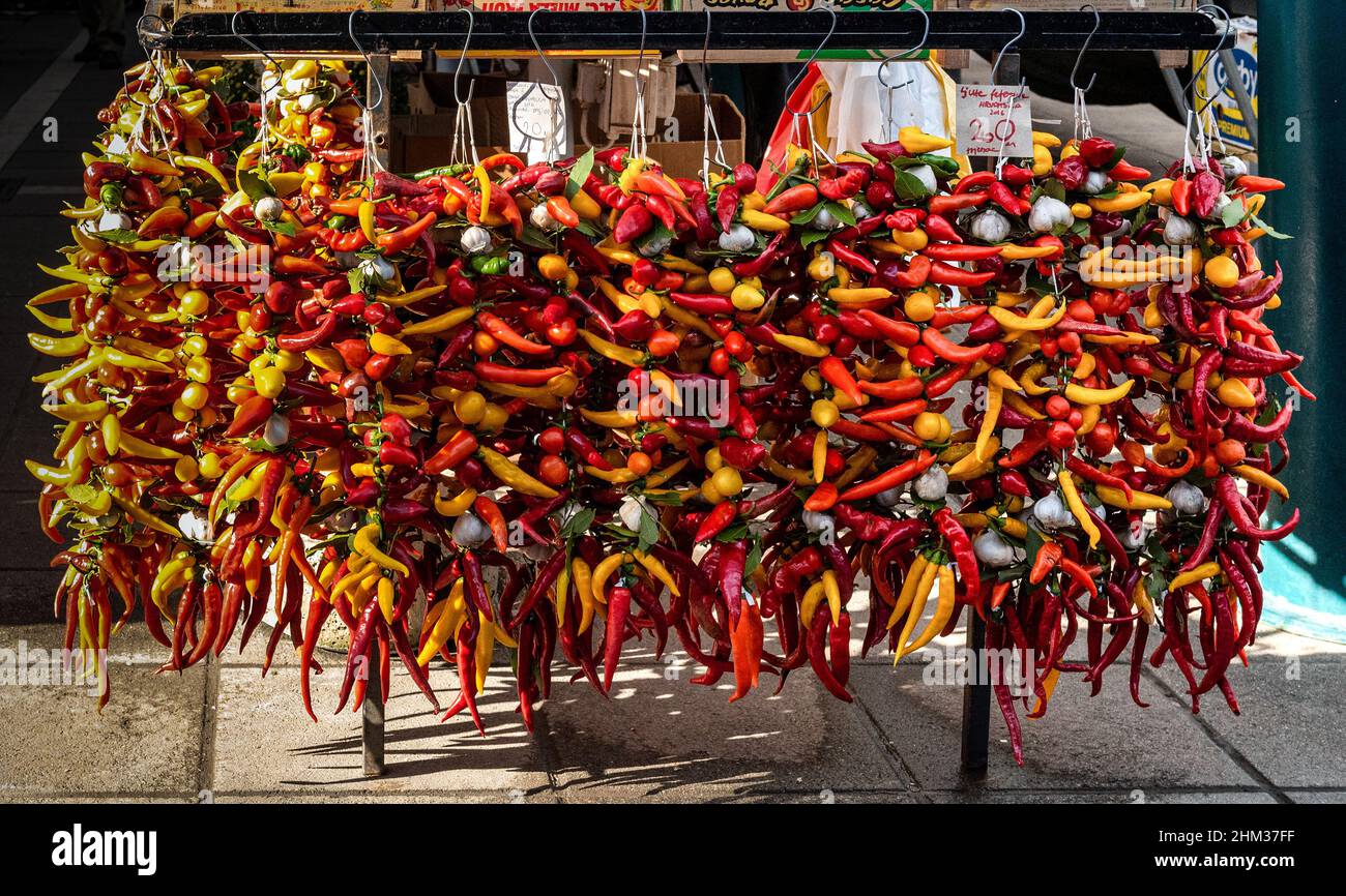 Chile peppers hanging on hi-res stock photography and images - Alamy