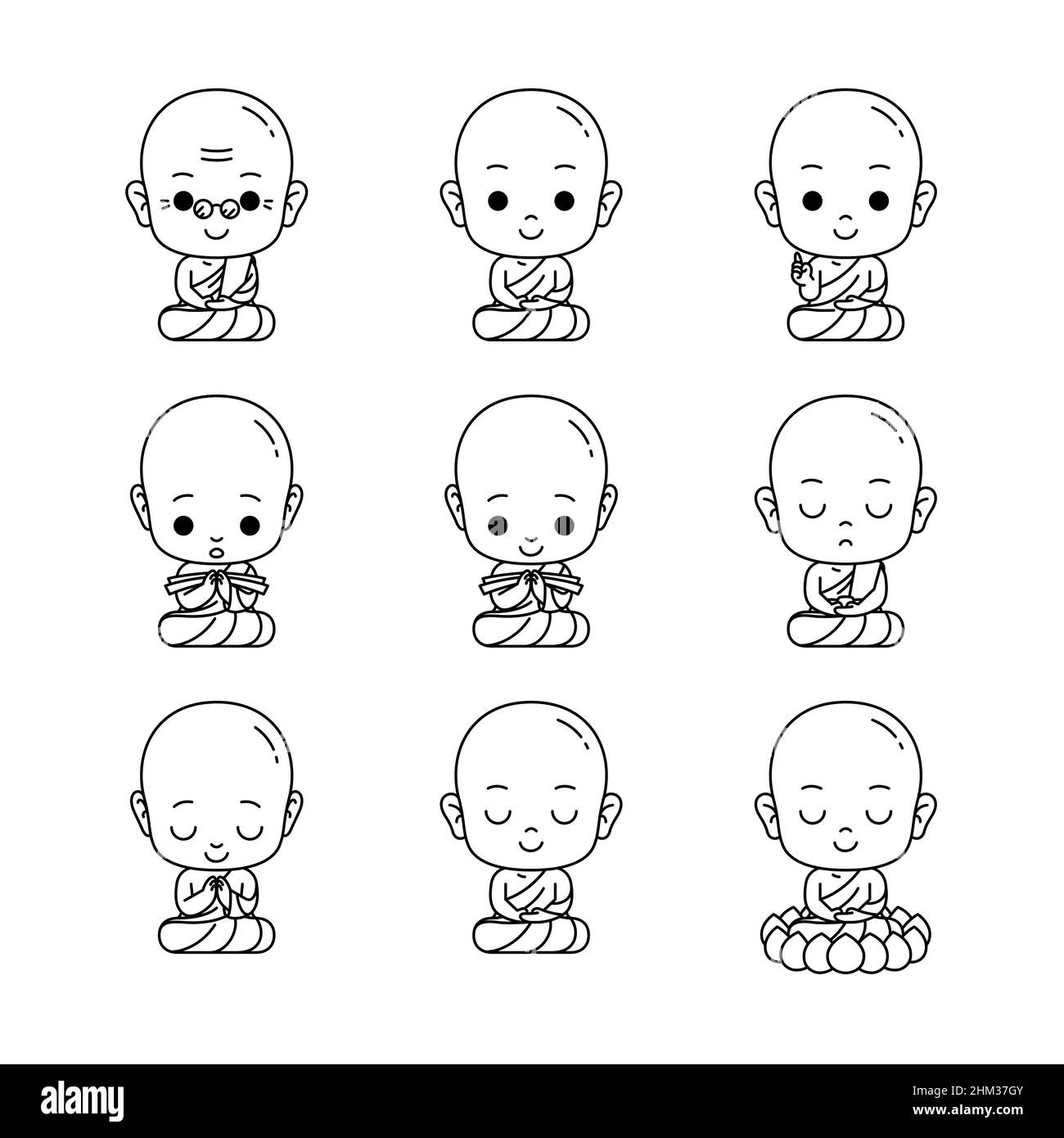 Cute monk cartoon outline vector illustration in sitting,meditation ...
