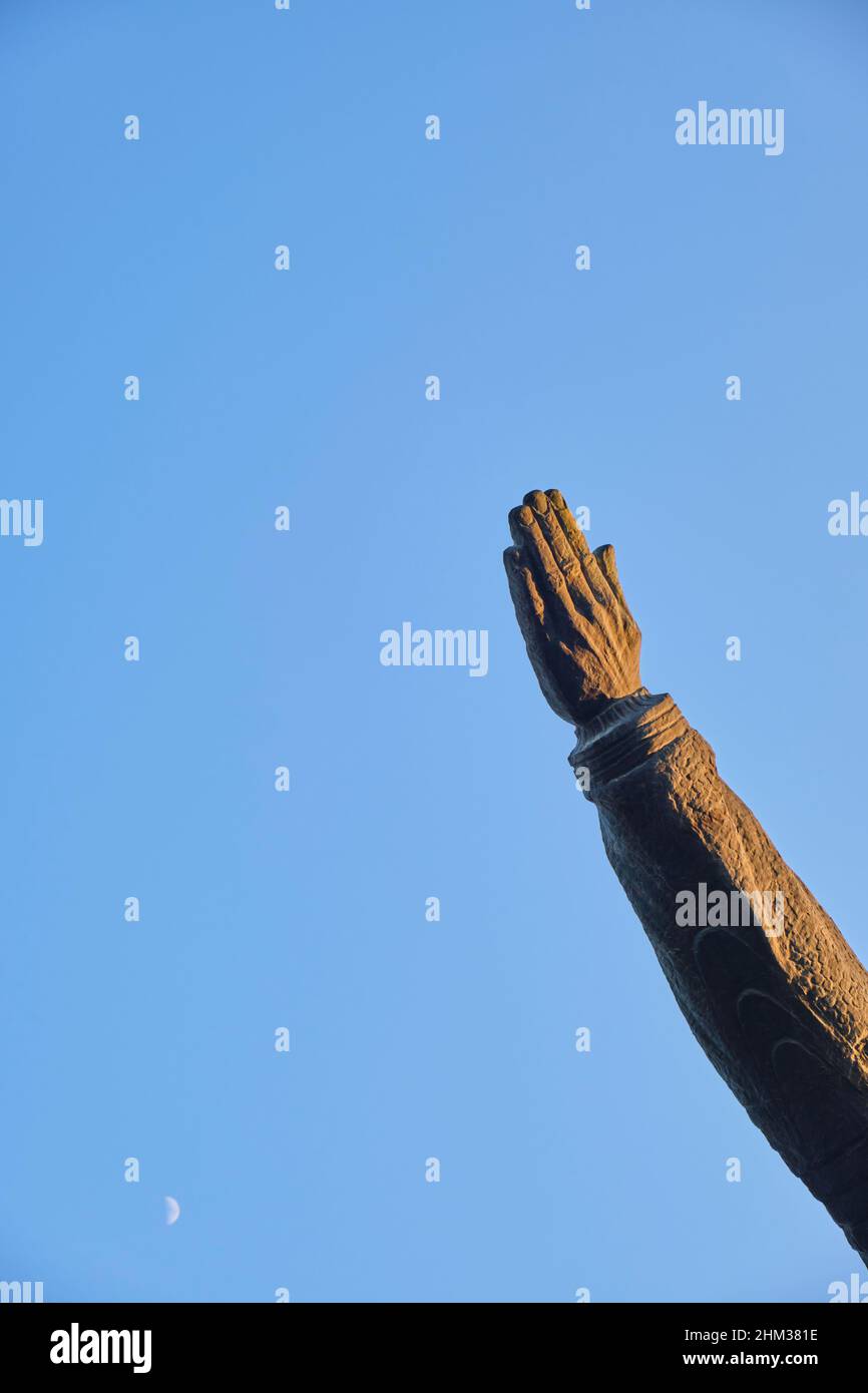 A bronze, metal statue of a standing Yuri Gagarin, first Russian man in ...