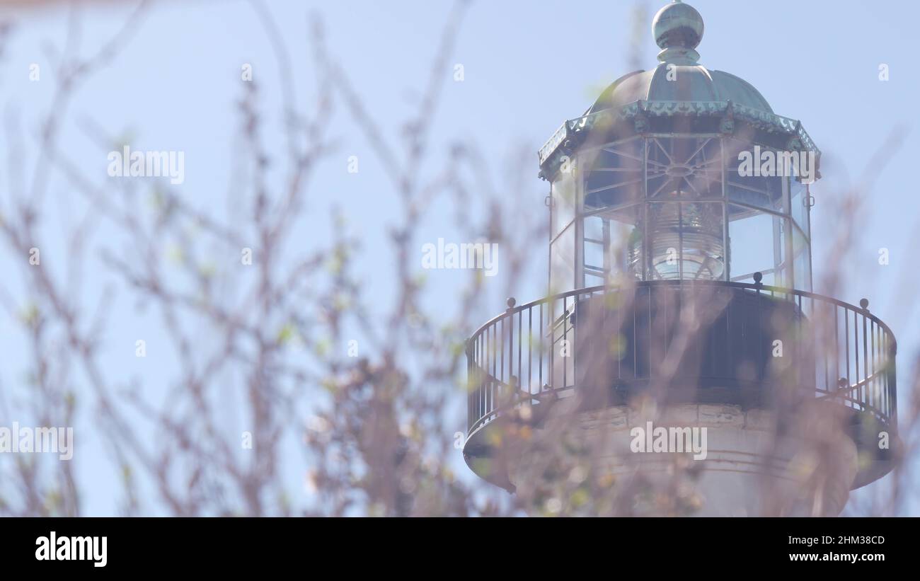 Vintage lighthouse tower, retro light house, old fashioned historic ...