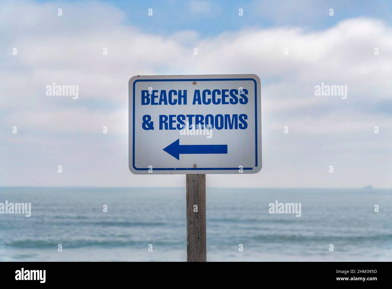 Beach acces and restrooms signage at the beach of Carlsbad, San Diego ...
