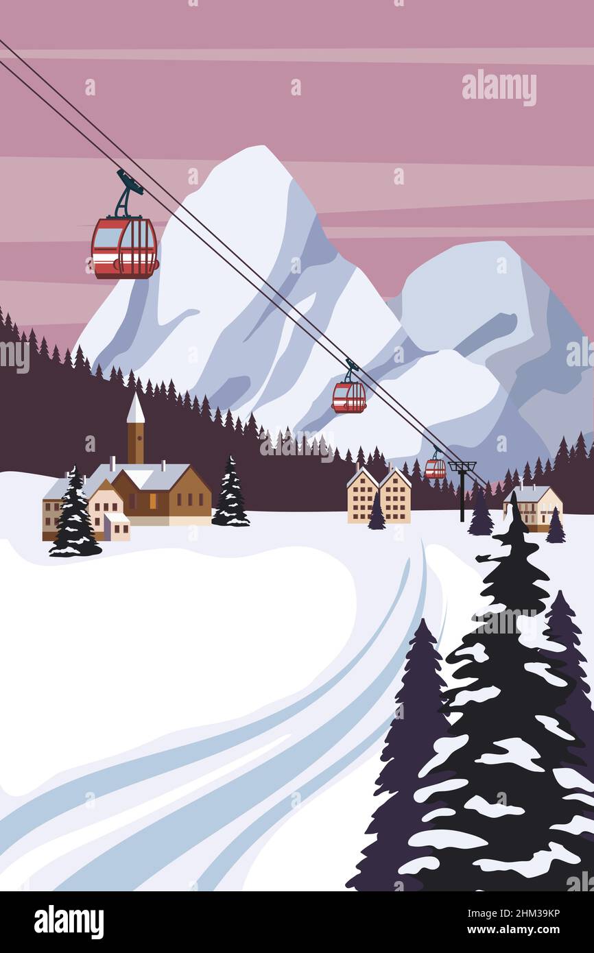 Vintage Mountain winter resort village Alps, Switzerland. Snow ...