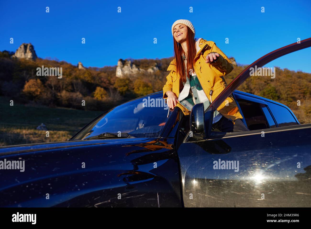 woman traveler black car nature travel adventure Fresh air Stock Photo ...