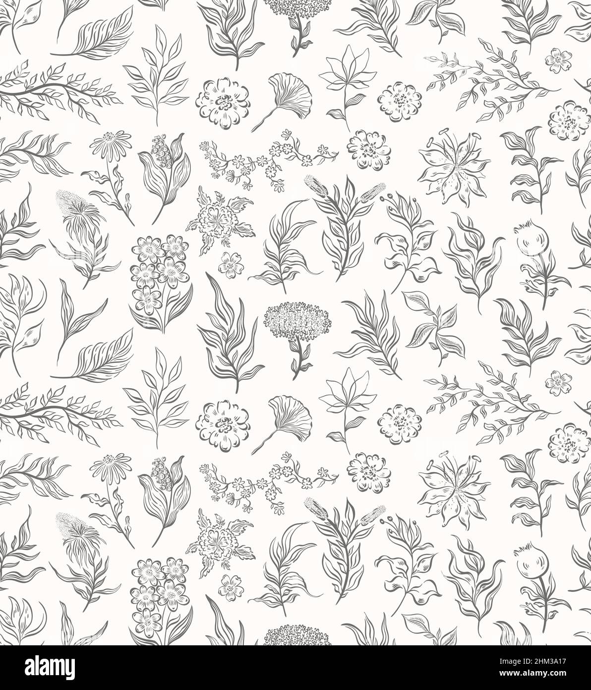 Seamless pattern plant nature hand drawn set. Outline botanical element ...