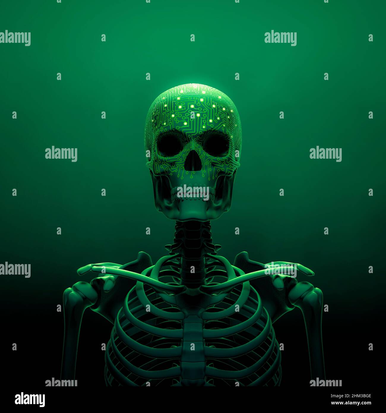 Artificial intelligence skull concept - 3D illustration of dark green ...