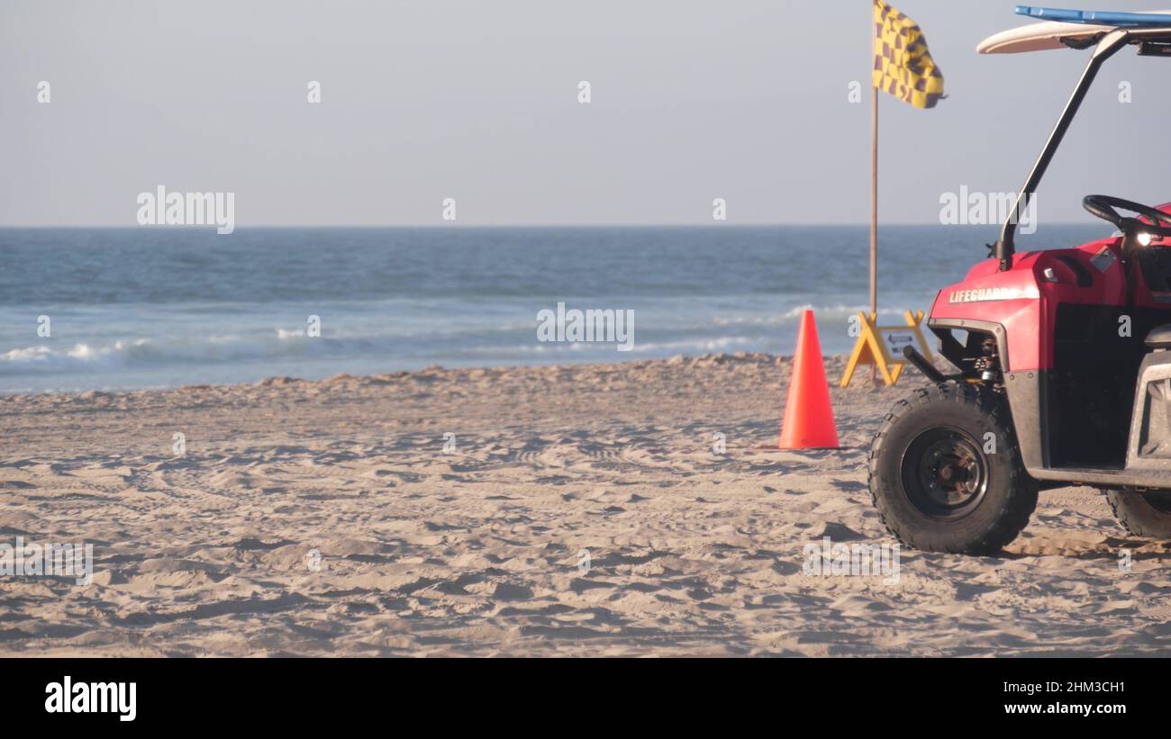 Lifeguard red pickup truck, life guard auto on sand, California ocean ...
