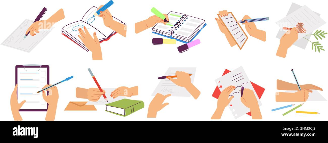 Hand writing planning and letters. Hands hold pen and pencil do ...