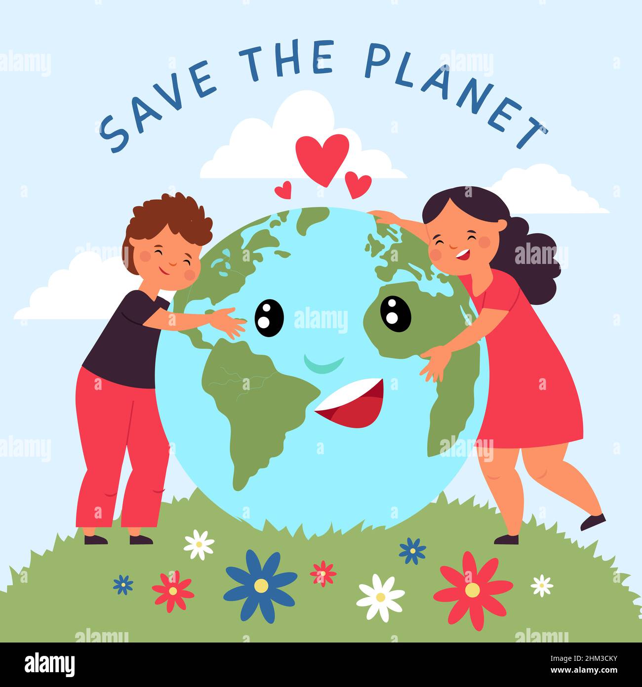Kid hug planet. Baby hold globe together, cartoon kids with earth ...