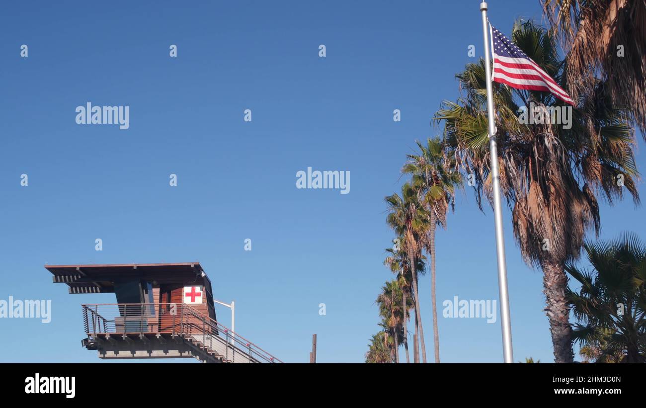 Lifeguard stand or life guard tower hut, surfing safety on California ...
