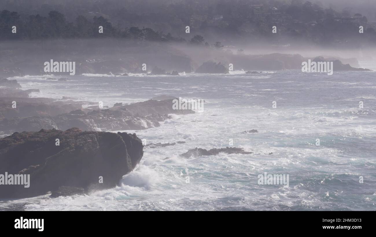 Rocky craggy ocean beach, Point Lobos landscape, California coast, USA ...
