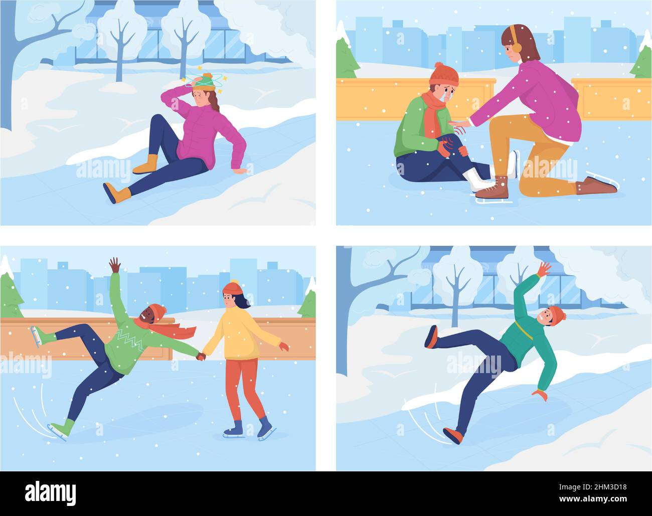 Slipping on ice flat color vector illustration set Stock Vector Image ...