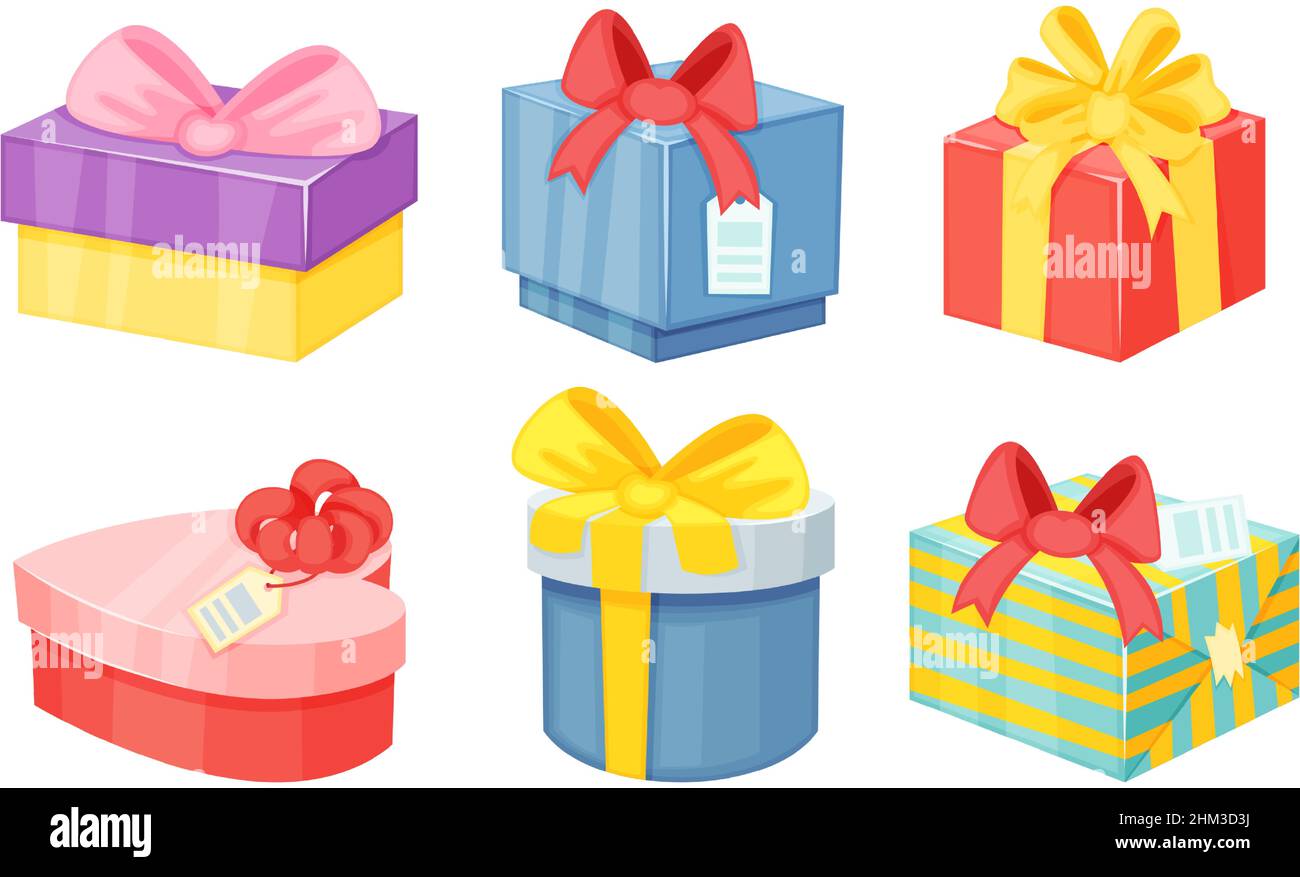 Cartoon gift boxes. Birthday, christmas and valentine presents with ...